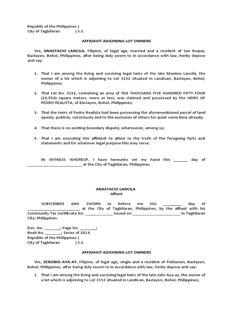 Affidavit of Adjoining Lot Owners | PDF | Affidavit | Comparative Law