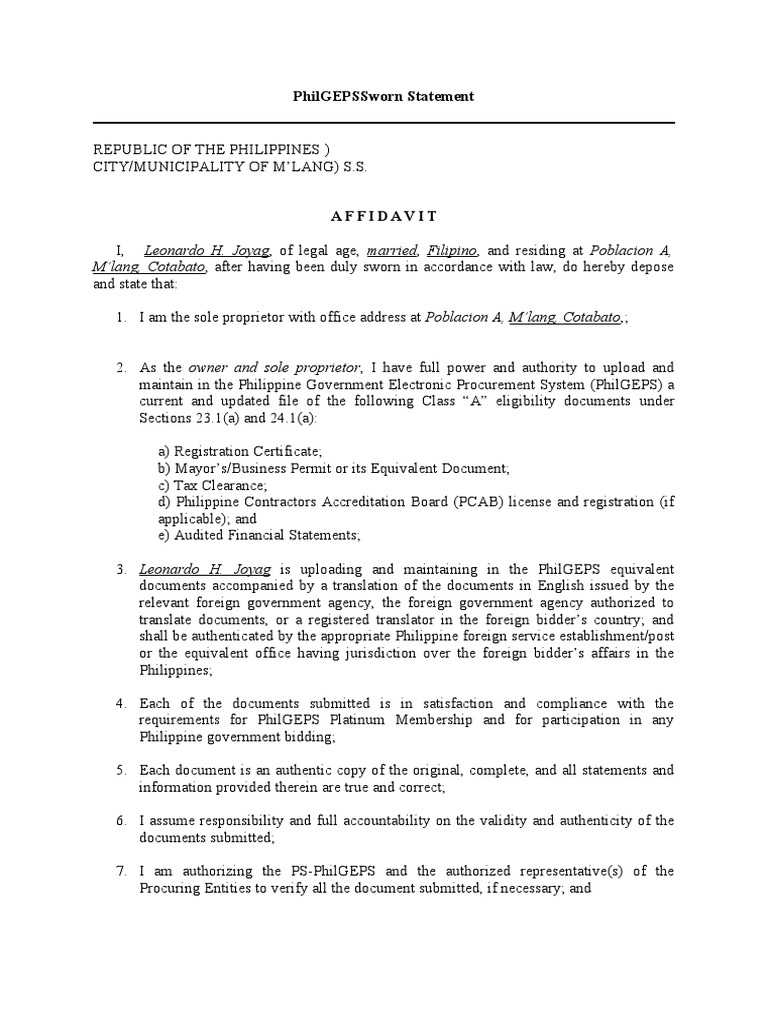PhilGEPS Sworn Statement | PDF | Sole Proprietorship | Government ...