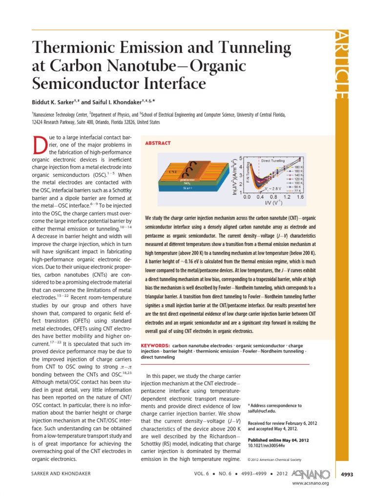 Thermionic Emission and Tunneling Mechanisms at Carbon Nanotube-Organic Semiconductor Interfaces ...