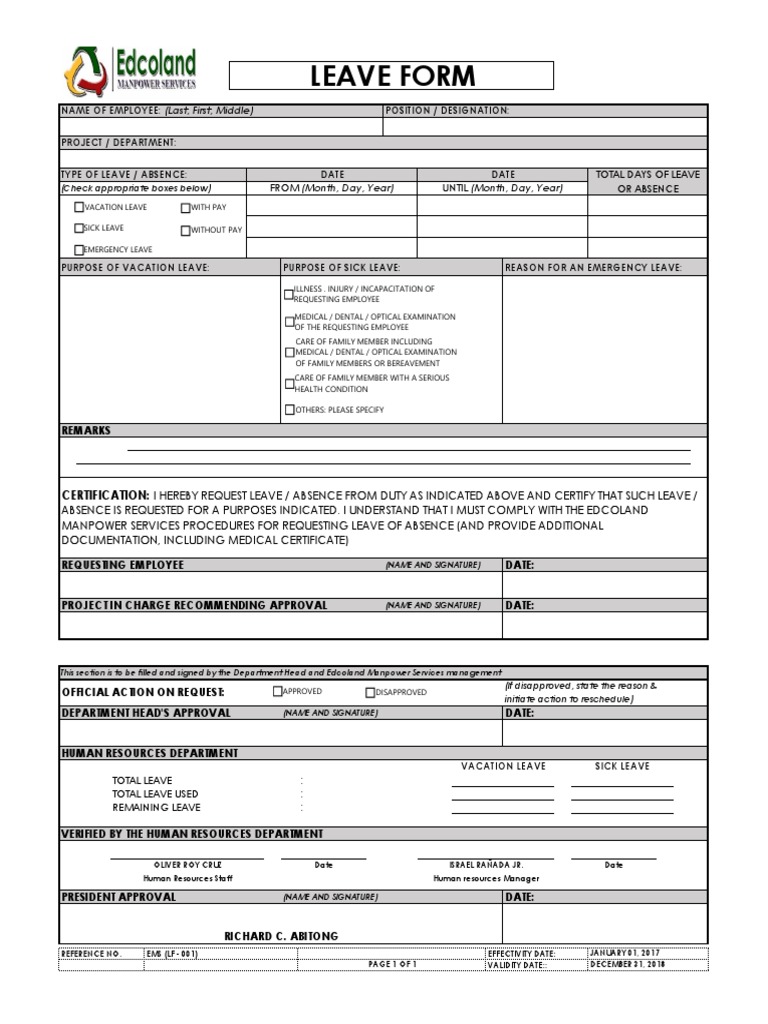 Leave Form: Total Days of Leave or Absence FROM (Month, Day, Year ...