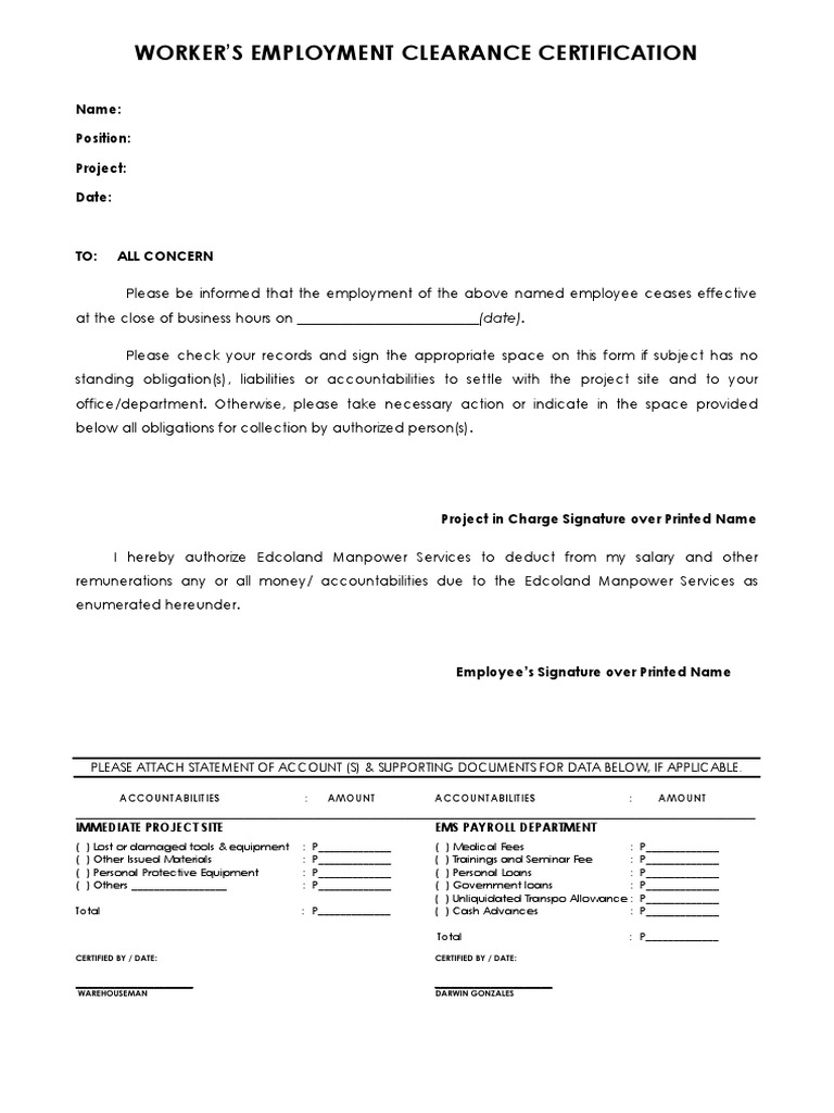 Workers Clearance Blank | Download Free PDF | Human Resources | Payroll