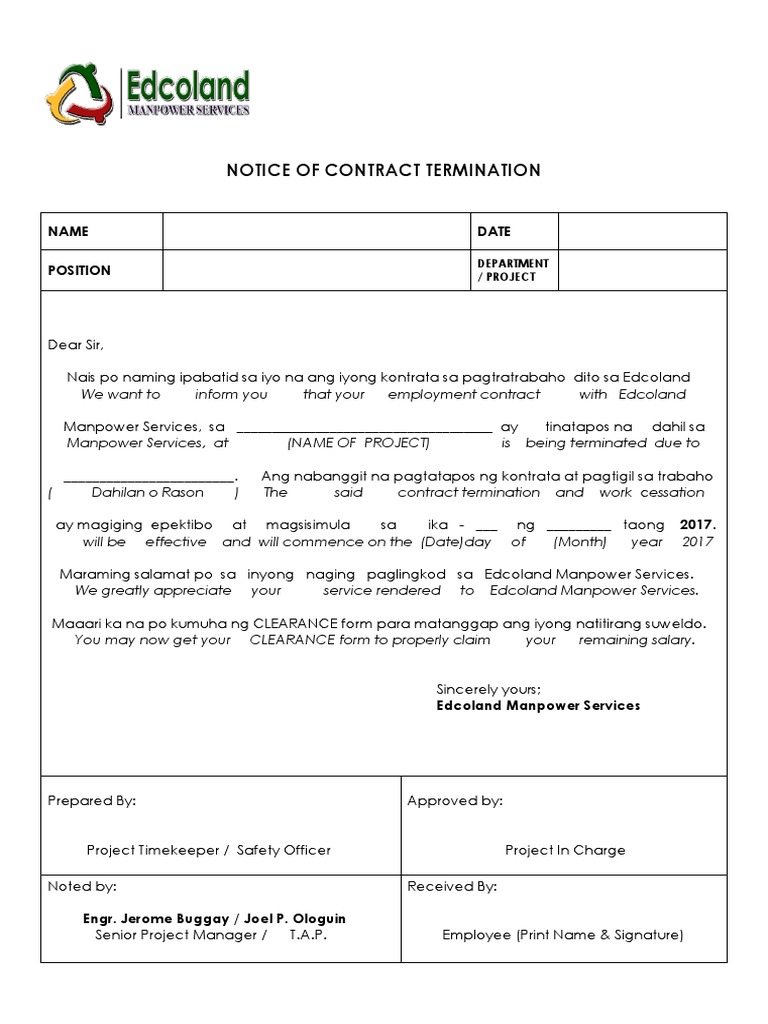 Contract Termination Notice | PDF | Career & Growth | Technology & Engineering