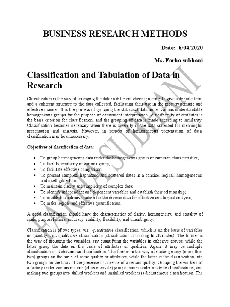 Classification and Tabulation of Data in Research BRM | PDF ...