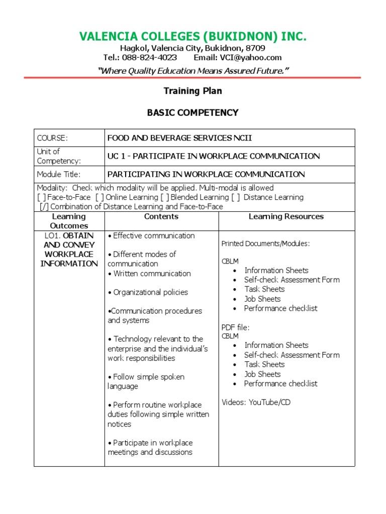 Training Plan - Food and Beverage Services NCII | PDF | Educational ...