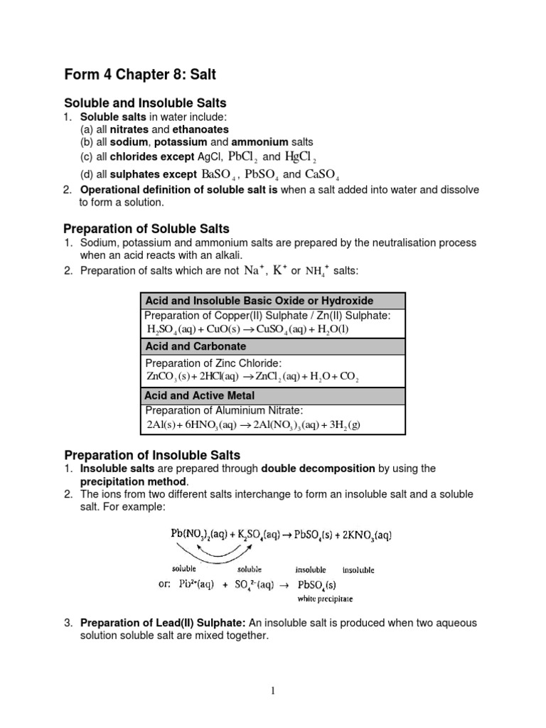 Form 4 Chapter 8: Salt: Soluble and Insoluble Salts | PDF | Salt ...