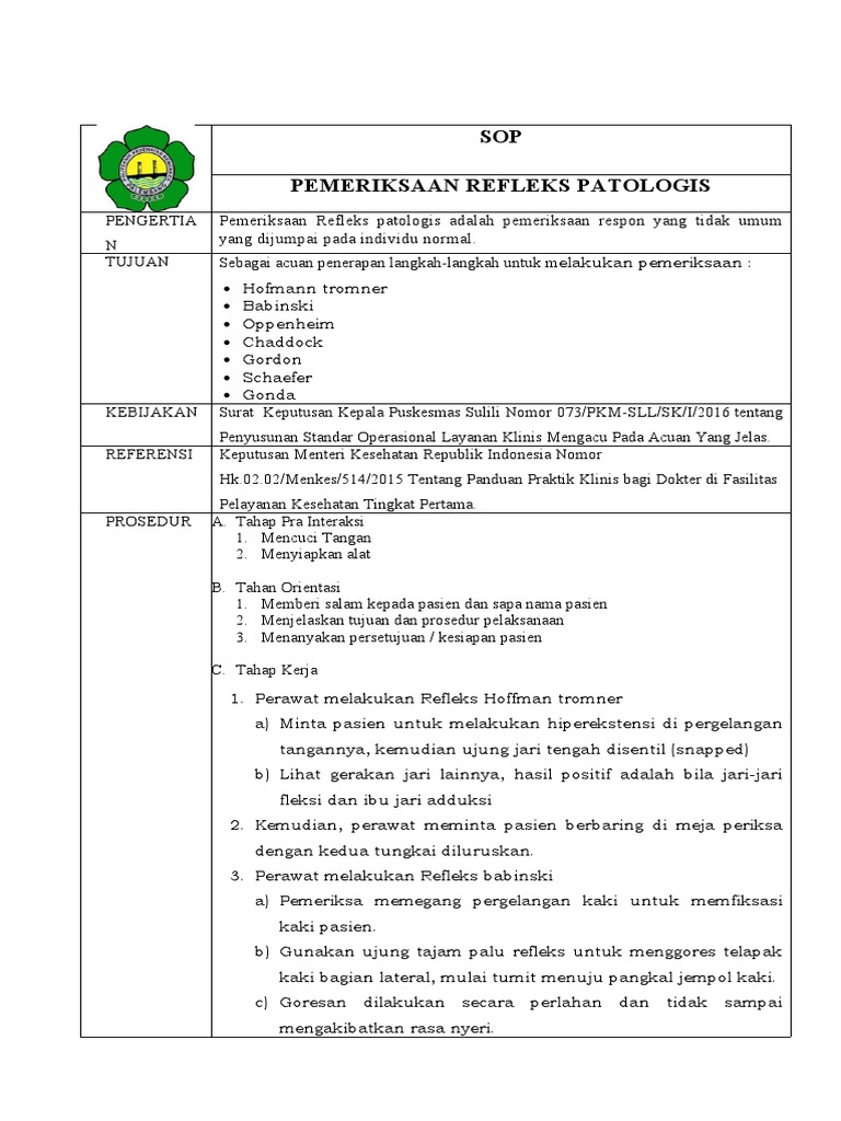 Prosedur Pemeriksaan Refleks Patologis | PDF | Sains & Matematika