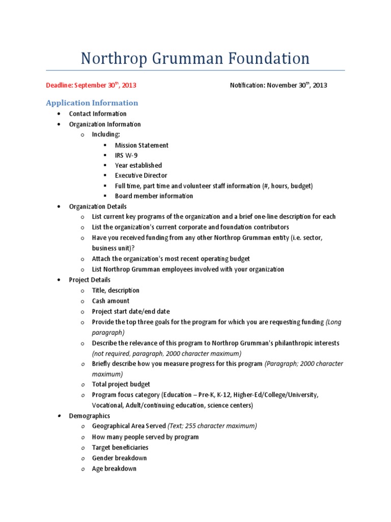 Northrop Grumman Foundation Grant App. Information | PDF