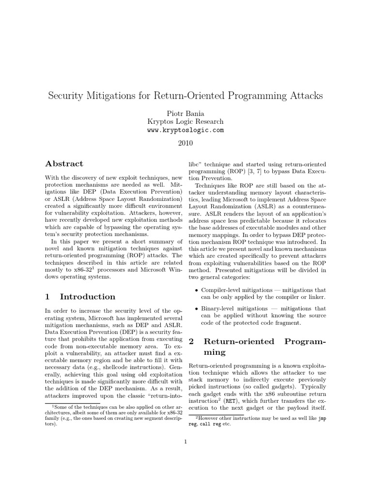 Security Mitigations For Return-Oriented Programming Attacks | PDF | Computer Architecture ...