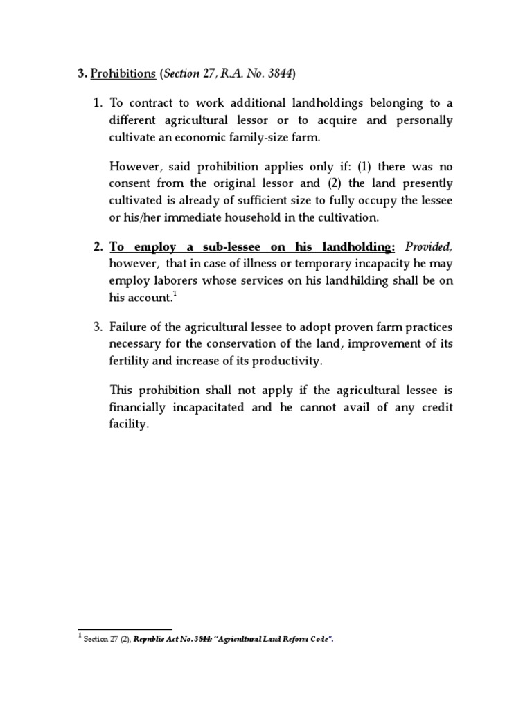 Prohibitions (Section 27, R.A. No. 3844) : Section 27 (2), Republic Act ...