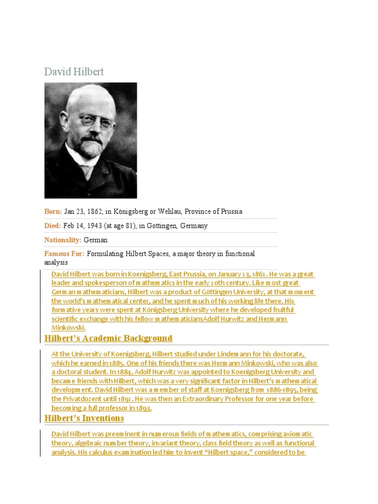 David Hilbert: Hilbert's Academic Background | PDF | Logic | Teaching ...