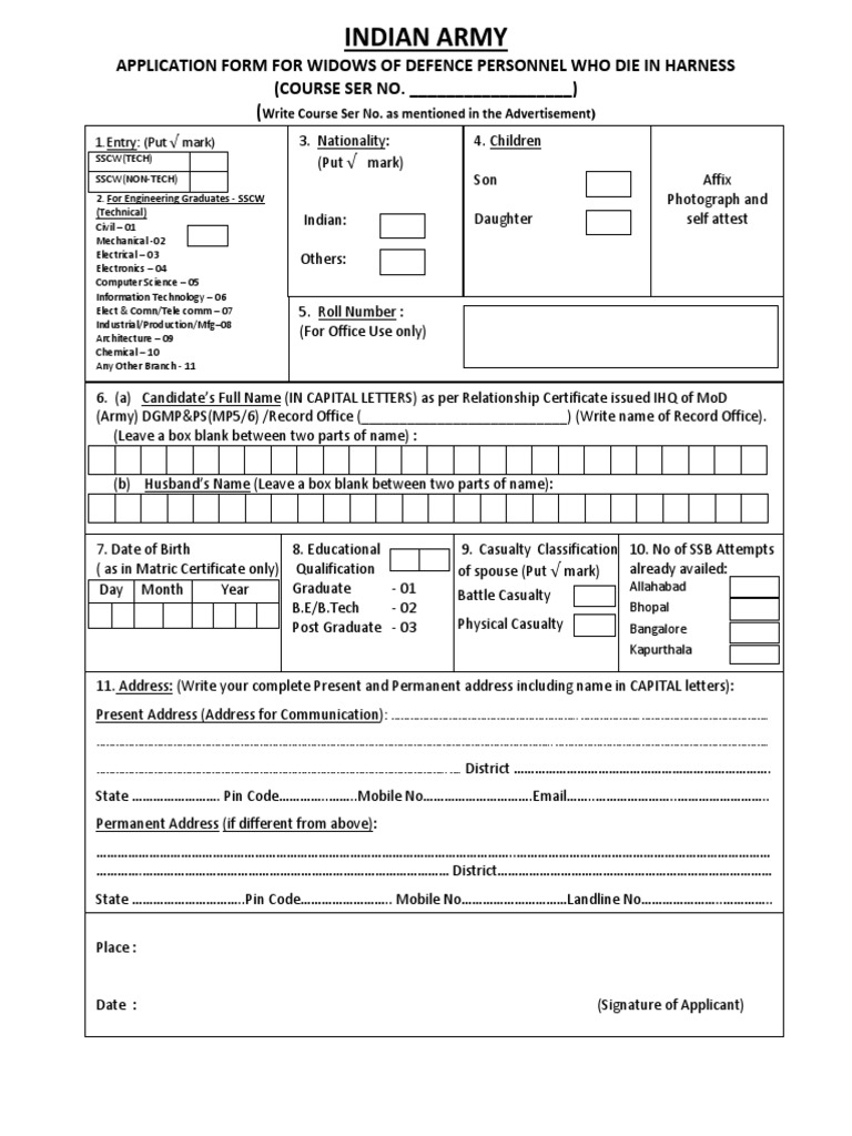 Indian Army: Application Form For Widows of Defence Personnel Who Die ...