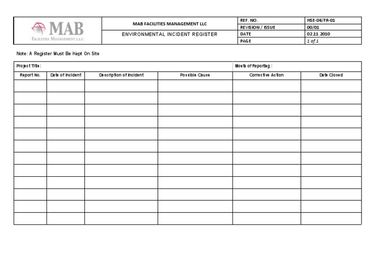 HSE-06FR-02 - Environmental Incident Register | PDF