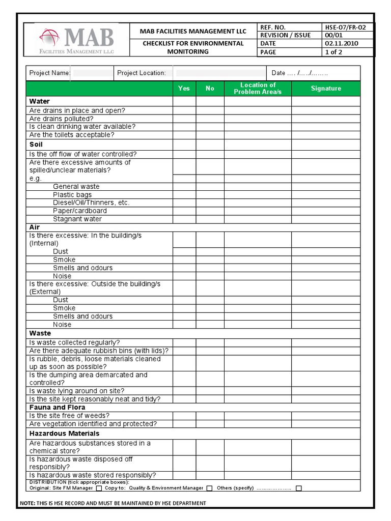 Environmental Monitoring Checklist | PDF | Hazardous Waste | Waste