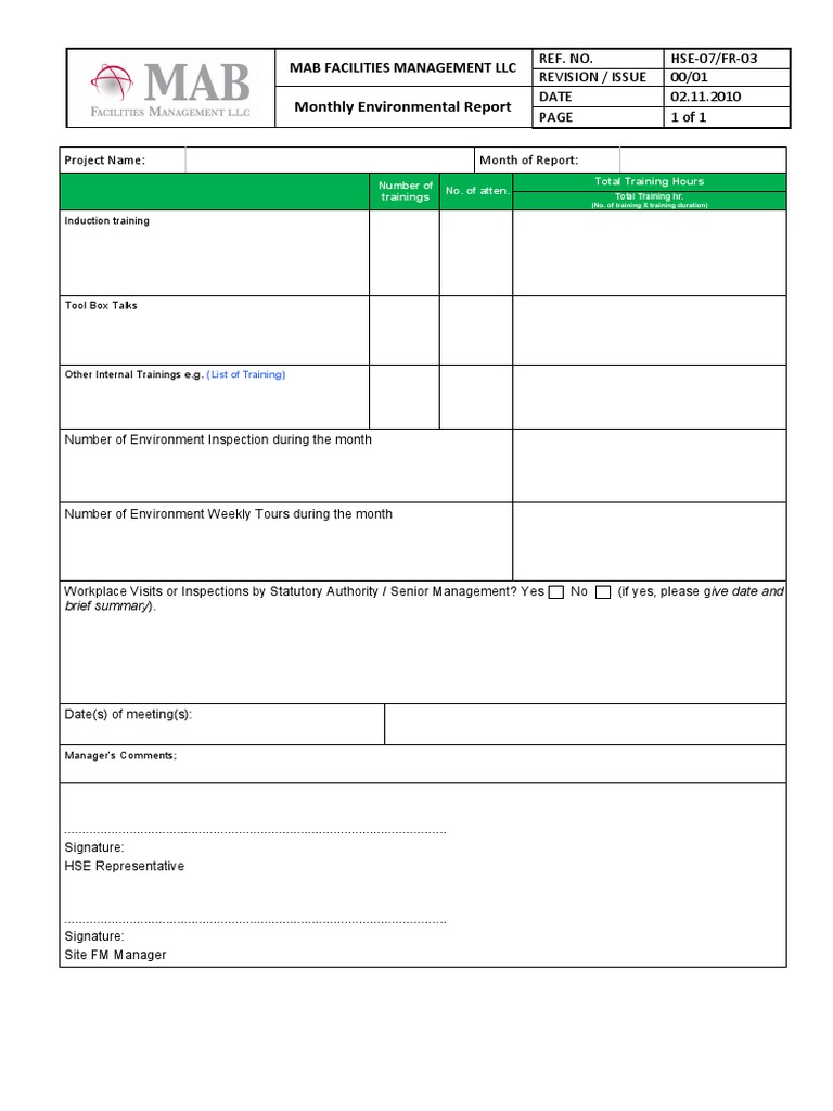HSE-07-FR-03 Monthly Environmental Report | PDF