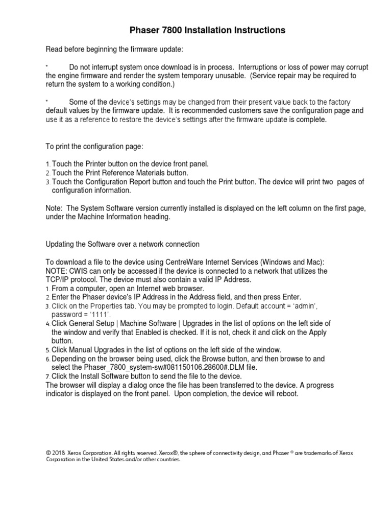 Phaser 7800 Install Instructions | PDF