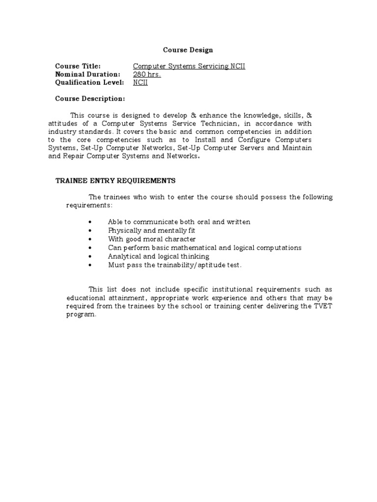 Course Design Course Title Nominal Duration Qualification Level Ncii Course Description Pdf