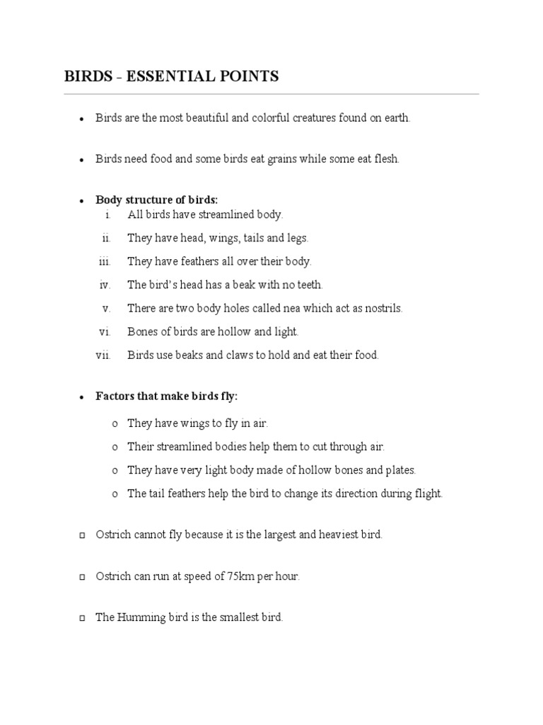 Birds - Essential Points: Body Structure of Birds | PDF | Birds | Beak
