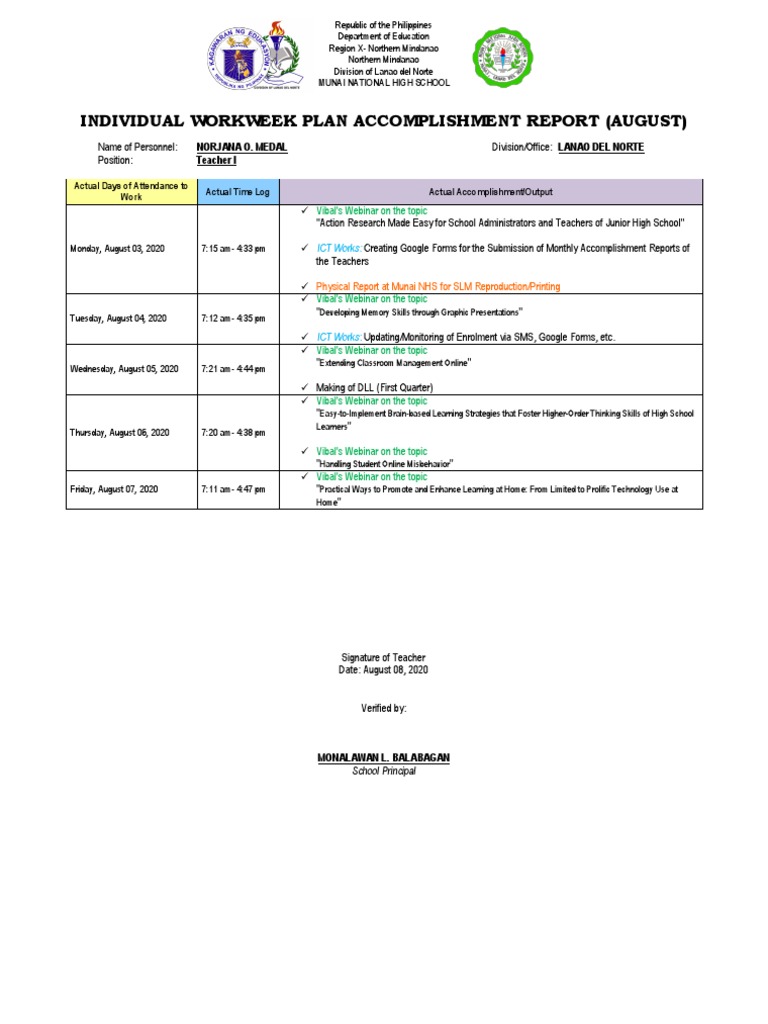 Individual Work Week Plan August | PDF | Educational Technology ...