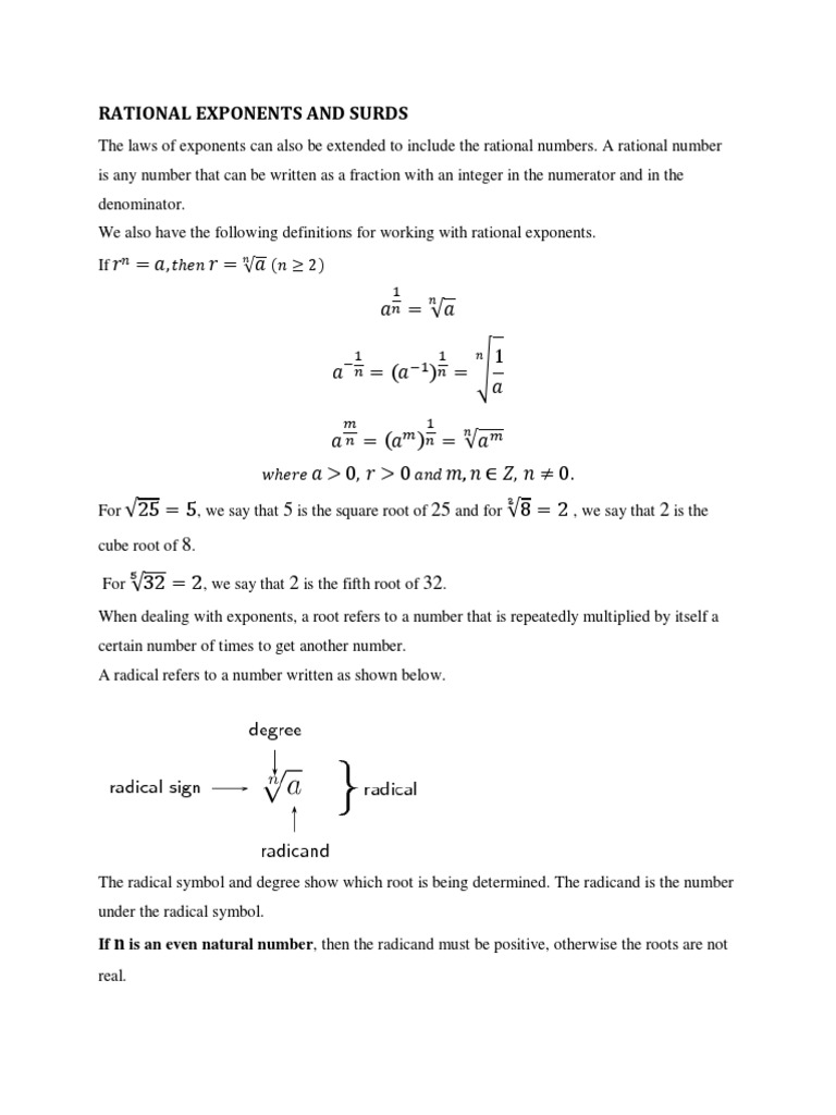 Rational Exponents and Surds | PDF | Fraction (Mathematics) | Numbers