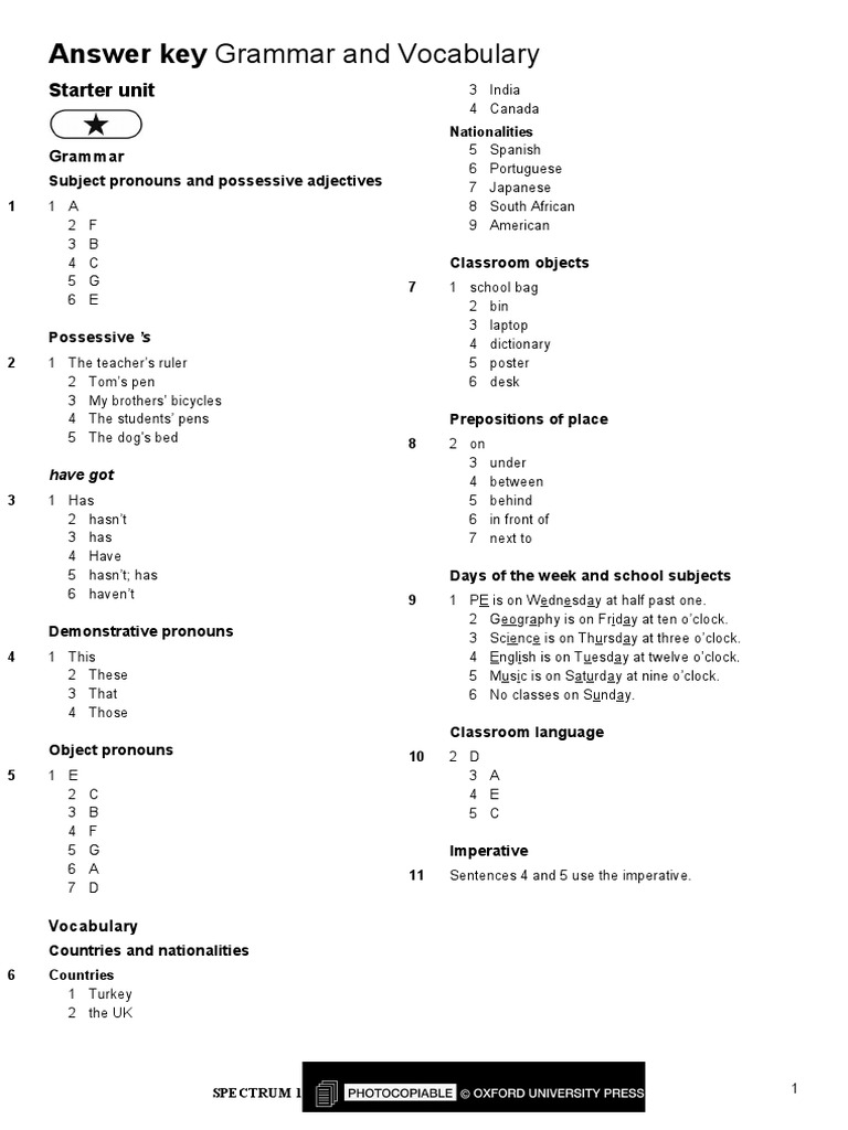 Answer Key Grammar and Vocabulary: Starter Unit | PDF | Object (Grammar ...