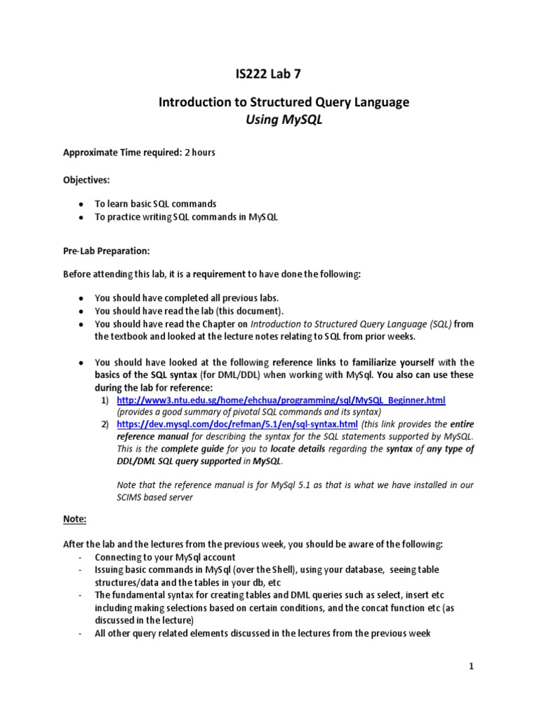 Is222 Lab 7 Introduction To Structured Query Language: Using Mysql | PDF | Information ...