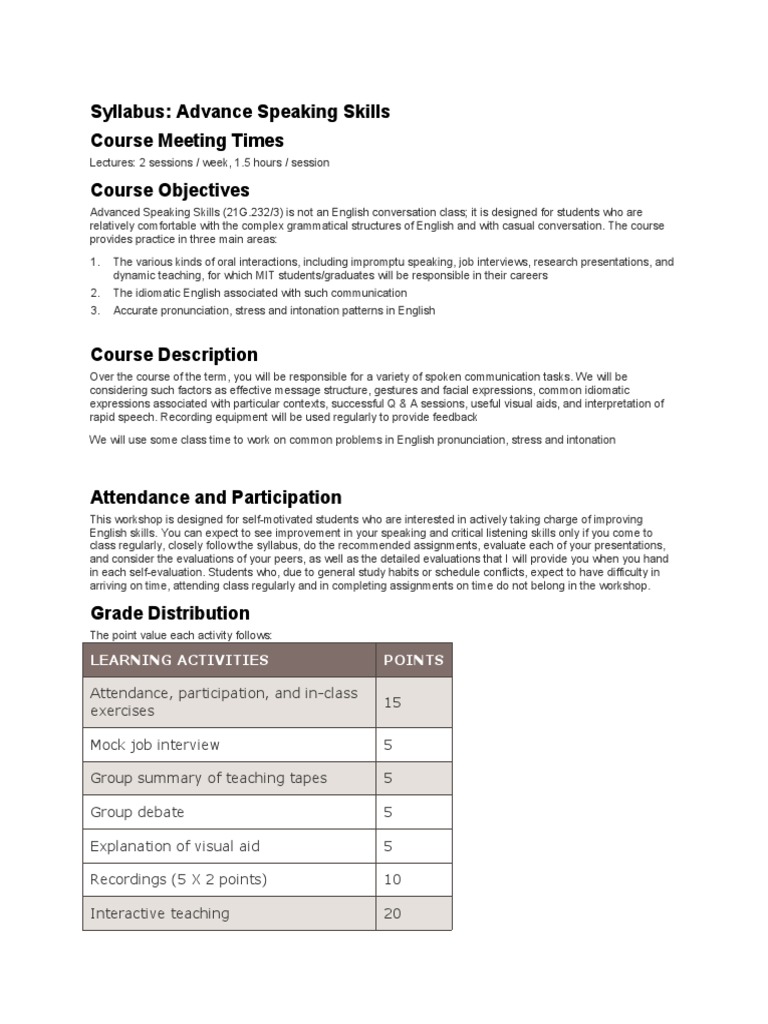 Syllabus: Advance Speaking Skills Course Meeting Times Course ...