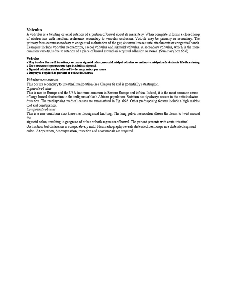Twisting of the Bowel (Volvulus): Causes, Types, and Treatment | PDF