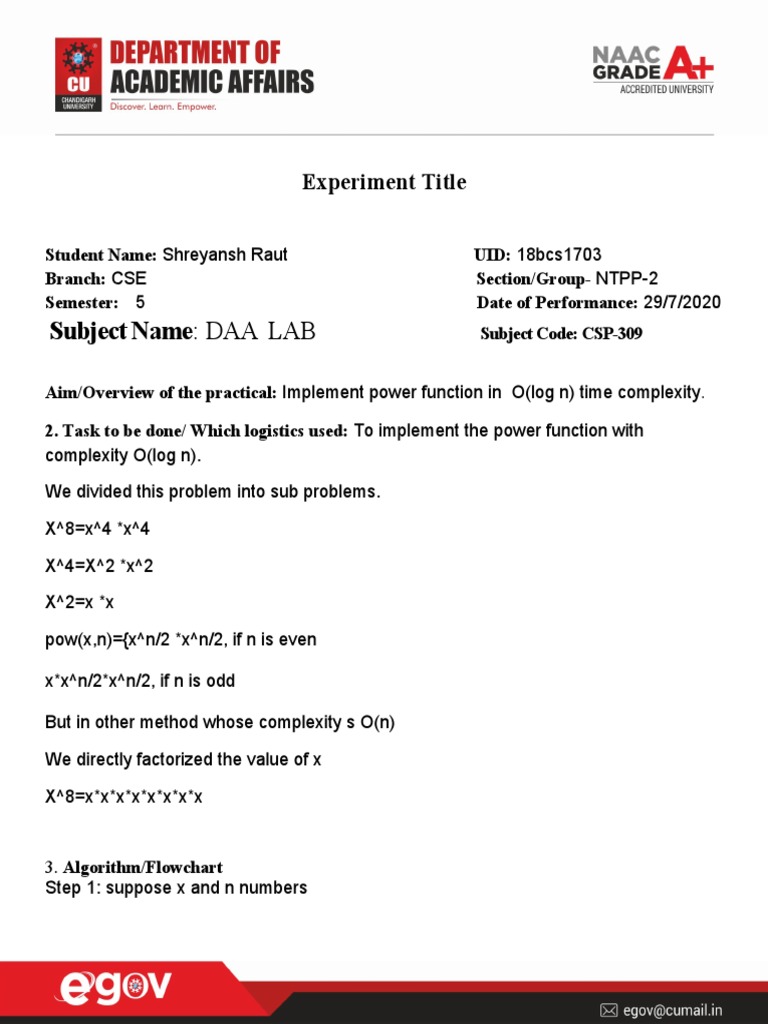 Subject Name: DAA LAB: Experiment Title | PDF
