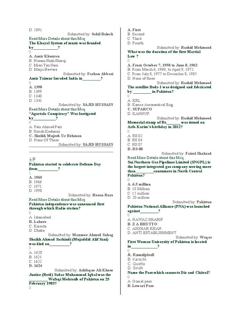 Read More Details About This MCQ: A. First | PDF | Partition Of India ...