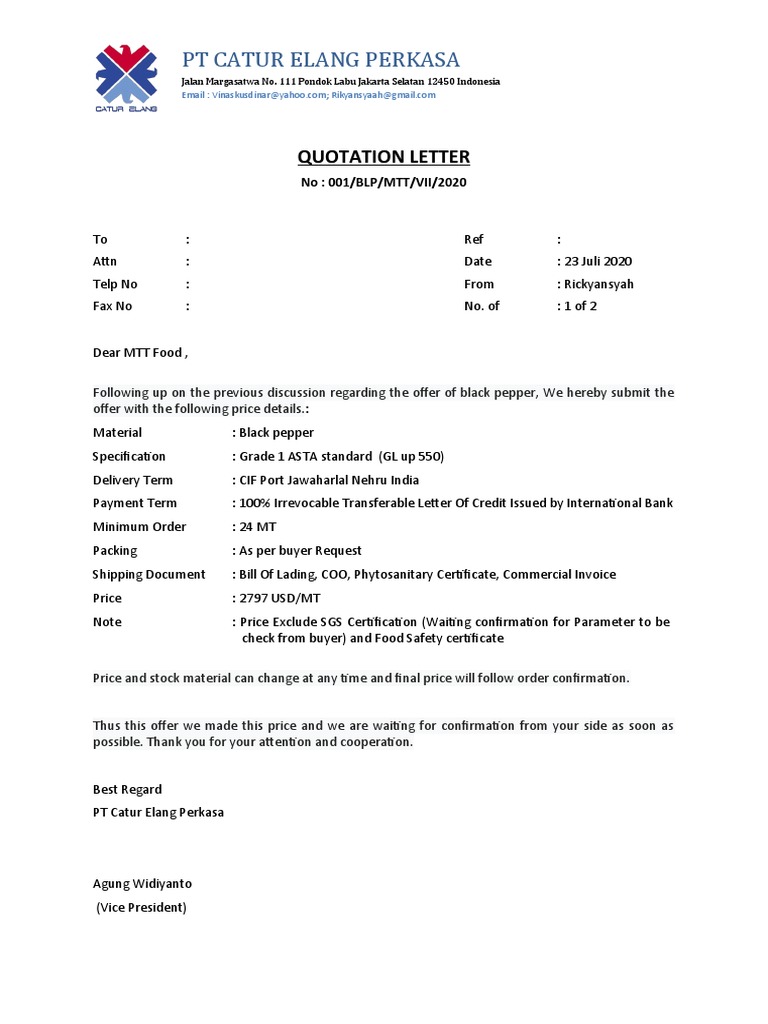 PT Catur Elang Perkasa: Quotation Letter | PDF