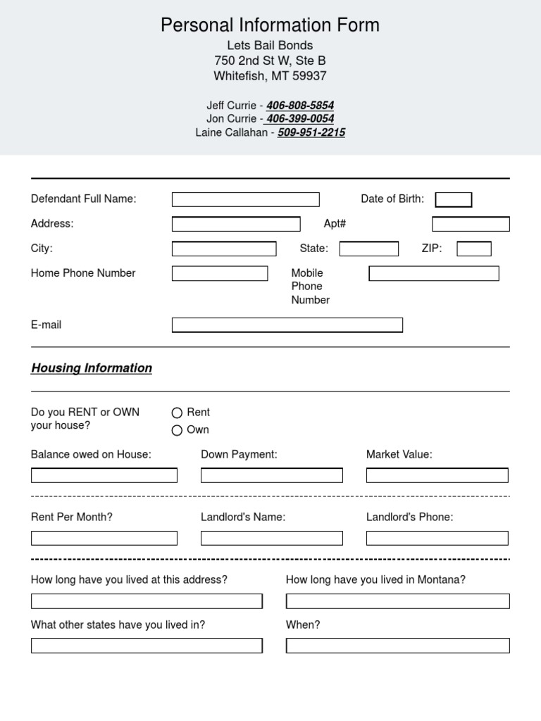 Personal Information Form: Lets Bail Bonds 750 2nd ST W, Ste B ...