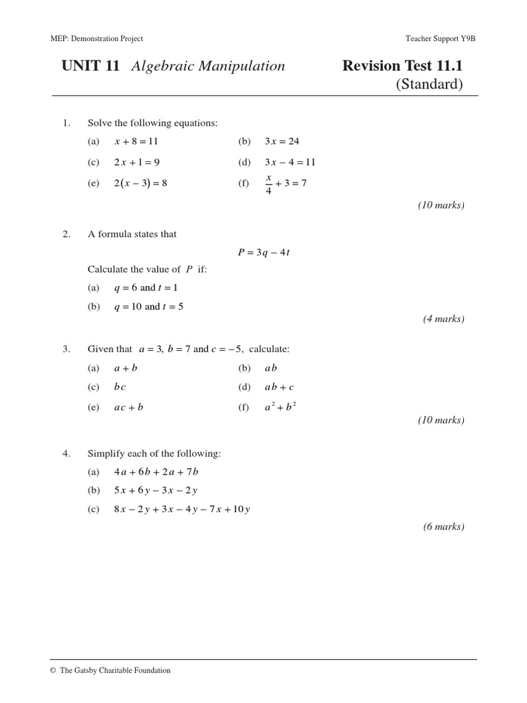 Revision Test MEP Year 9 | PDF | Equations | Algebra