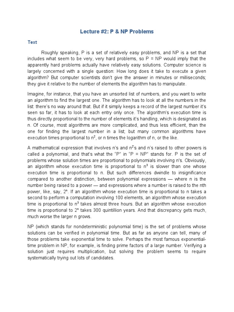 Lecture 2 P And Np Problems Pdf Time Complexity Computational Complexity Theory