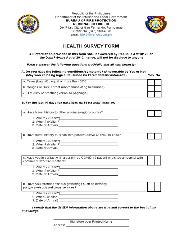 Health Survey Form: Please Answer The Following Questions Truthfully ...