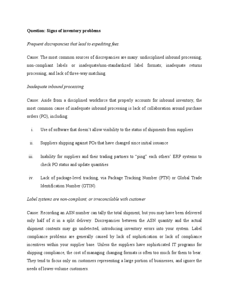 Frequent Discrepancies That Lead To Expediting Fees.: Question: Signs of Inventory Problems ...