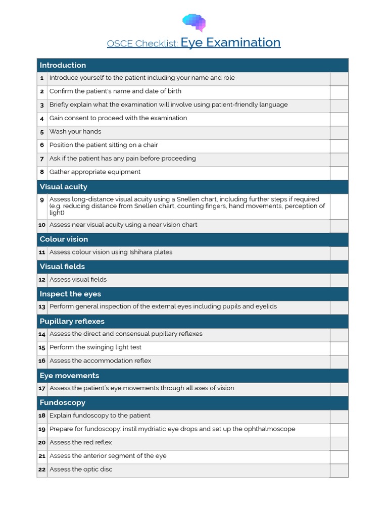 OSCE Checklist Eye Examination 1 PDF | PDF