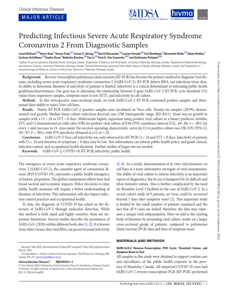 Predicting Infectious Severe Acute Respiratory Syndrome Coronavirus 2 From Diagnostic Samples ...