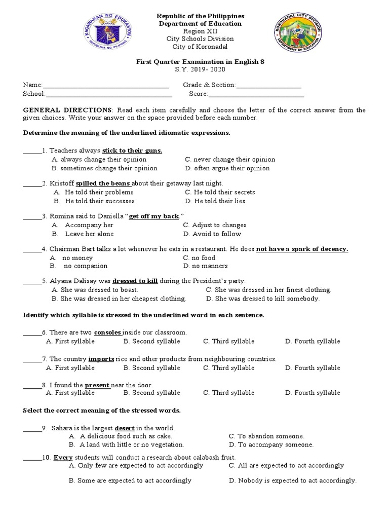 Grade 8 English First Quarter Exam | PDF | Radar | Olfaction