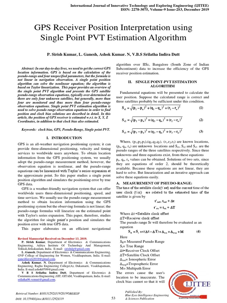 GPS Receiver Position Interpretation Using Single Point PVT Estimation ...