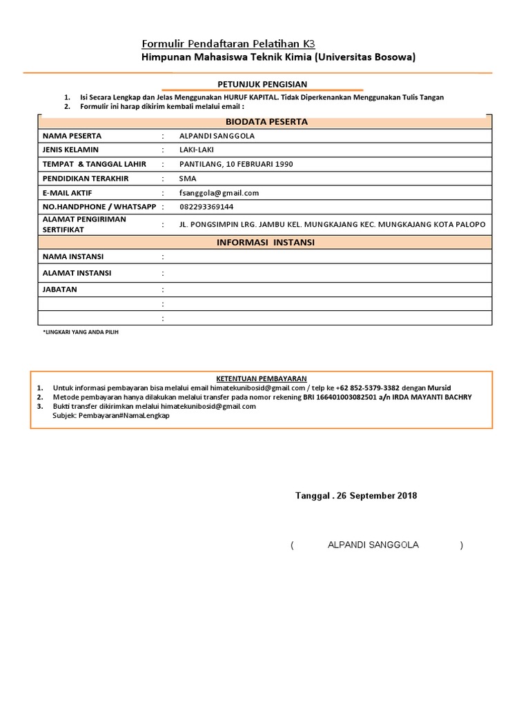 14.formulir Pendaftaran Pelatihan K3 Rev.5.0 | PDF