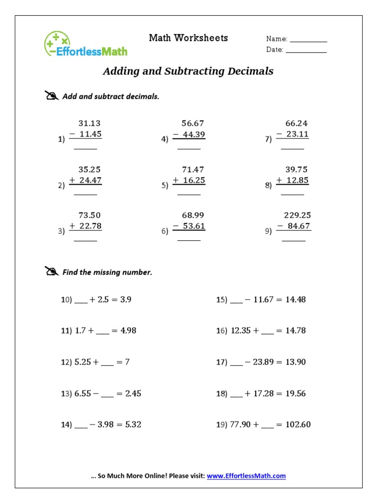 Decimal Math Practice Sheets | PDF | Teaching Methods & Materials