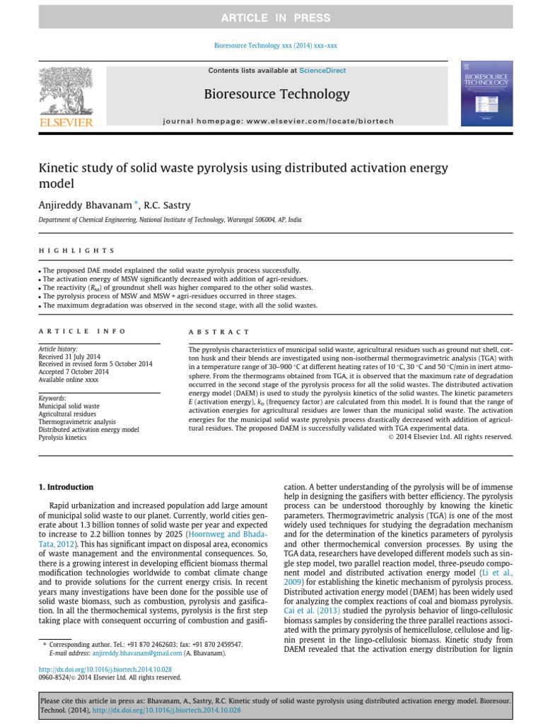 Kinetic Study of Solid Waste Pyrolysis Using Distributed Activation Energy Model PDF | PDF ...