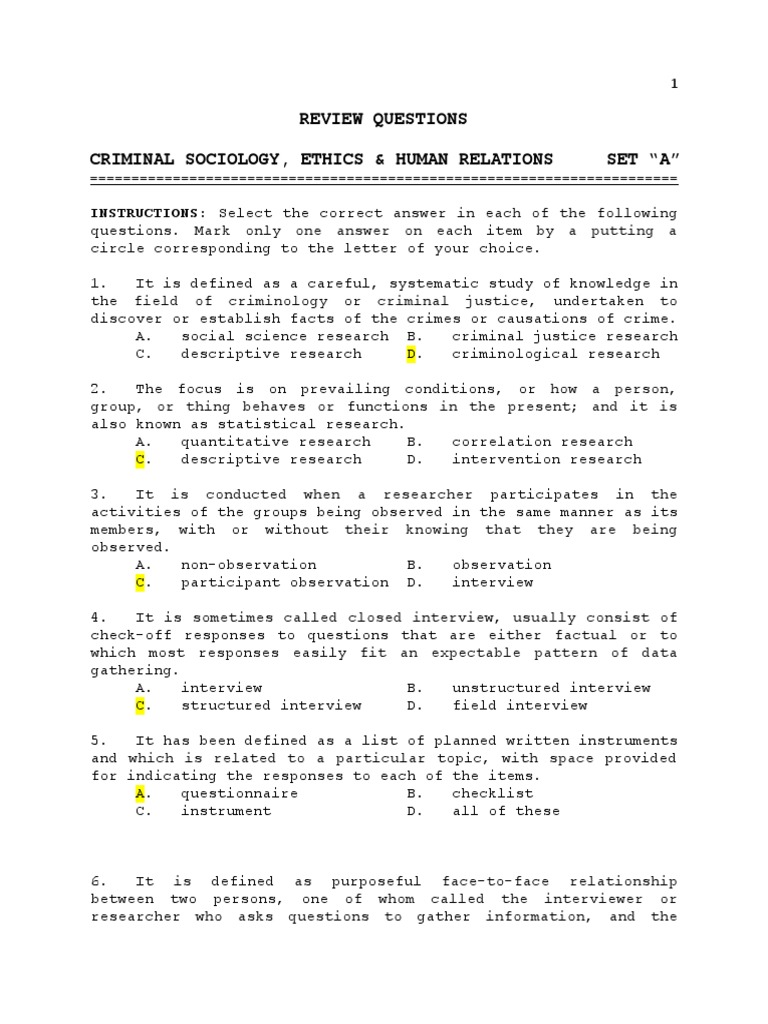 Review Questions Criminal Sociology, Ethics & Human Relations Set "A ...
