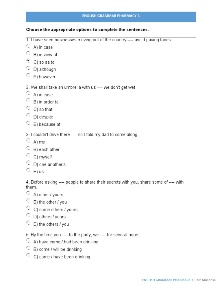 Choose The Appropriate Options To Complete The Sentences.: English ...