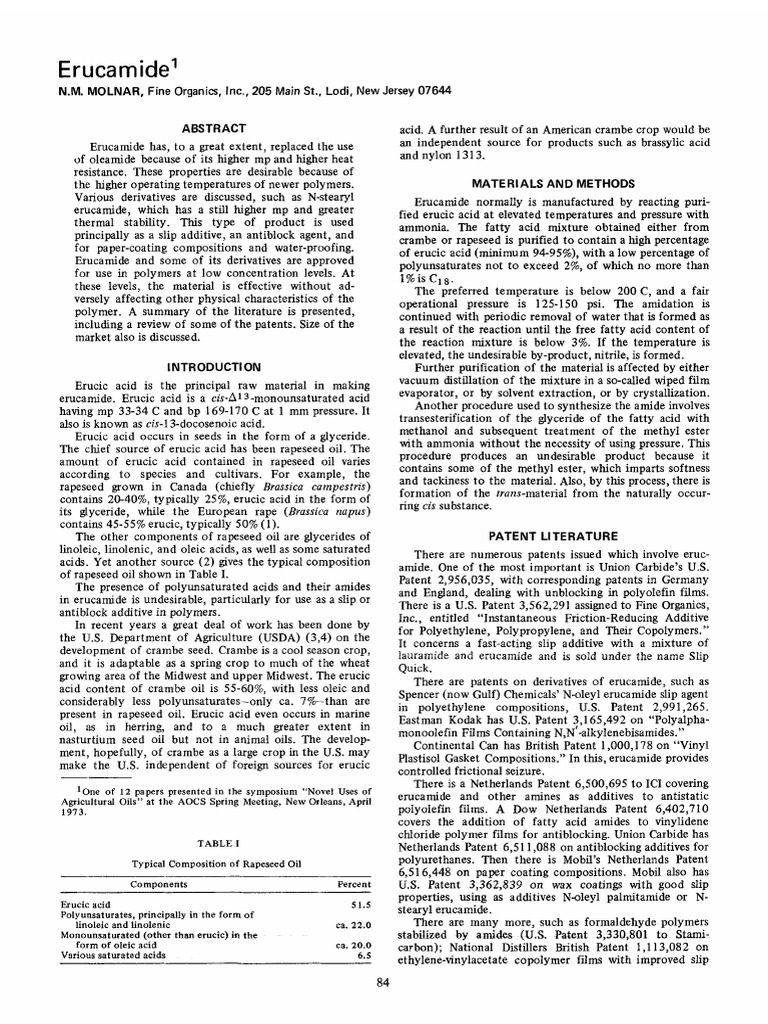 Erucamide 1: N.M. M O L N A R, Fine Organics, Inc., 205 Main ST., Lodi ...