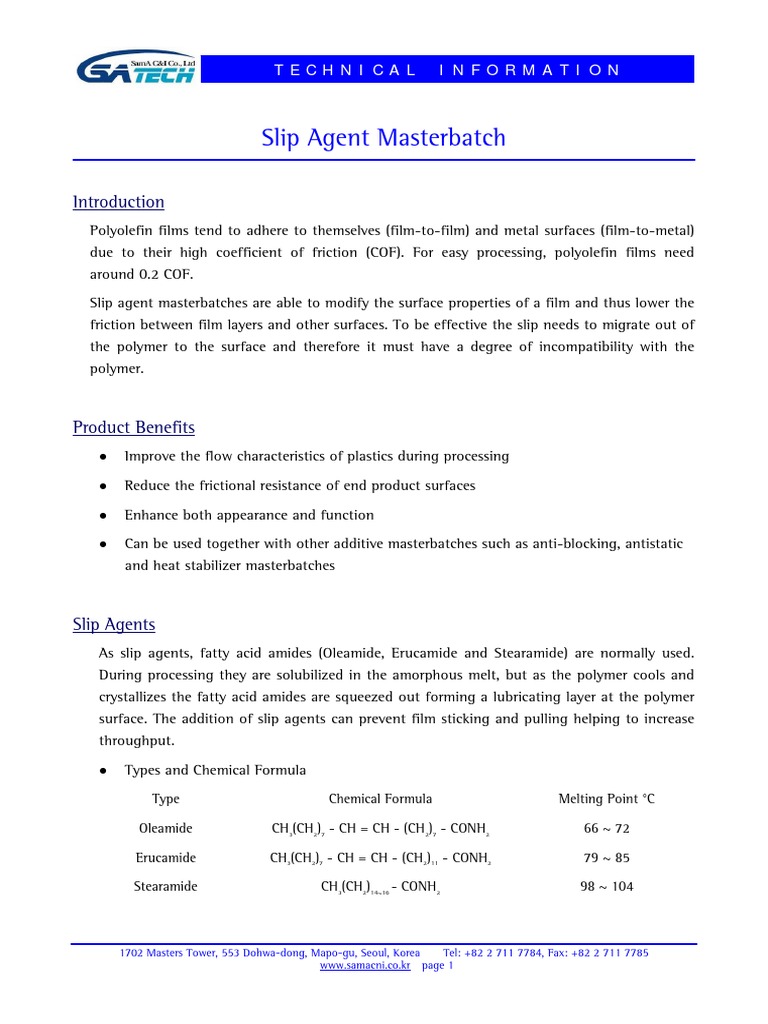 Slip Agent Masterbatch: Technical Information on Polyolefin Film Additives Including Oleamide ...