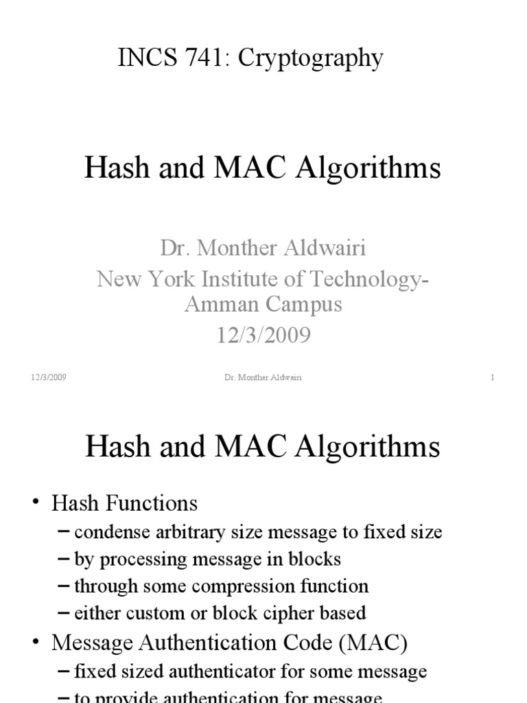 INCS 741: Cryptography: Hash and MAC Algorithms | PDF | Security Technology | Computer Security