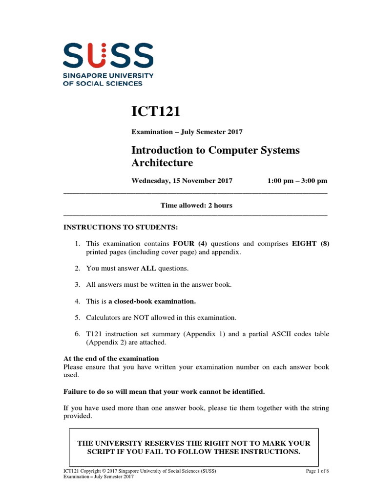 ICT121 - JULY - 2017 - Exam Paper | PDF | Integer (Computer Science) | Computer Architecture