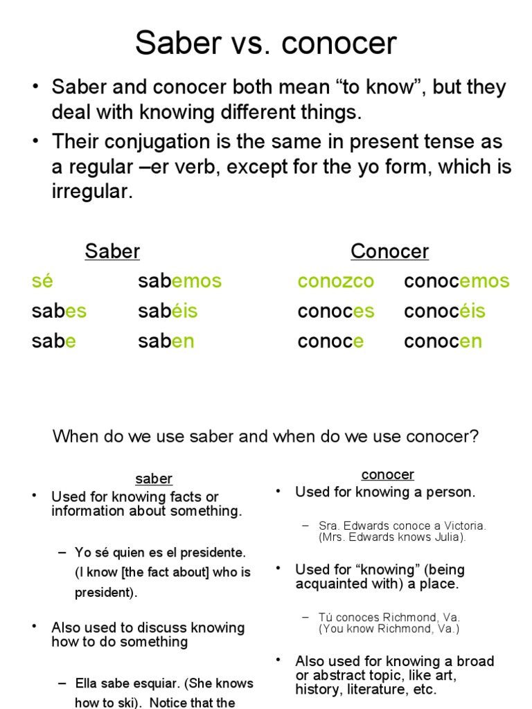 Actividad Saber Vs Conocer Saber Vs Conocer Worksheet With Answer Key