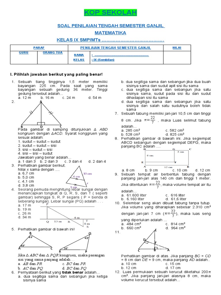 Soal PTS Ganjil Matematika Kelas IX | PDF